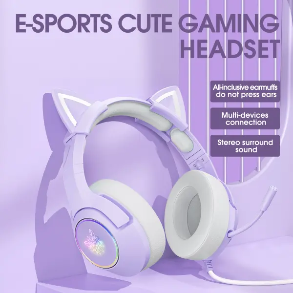 ONIKUMA K9 RGB Cat Ears Stereo Gaming Headset, Purple - Vibe Gaming