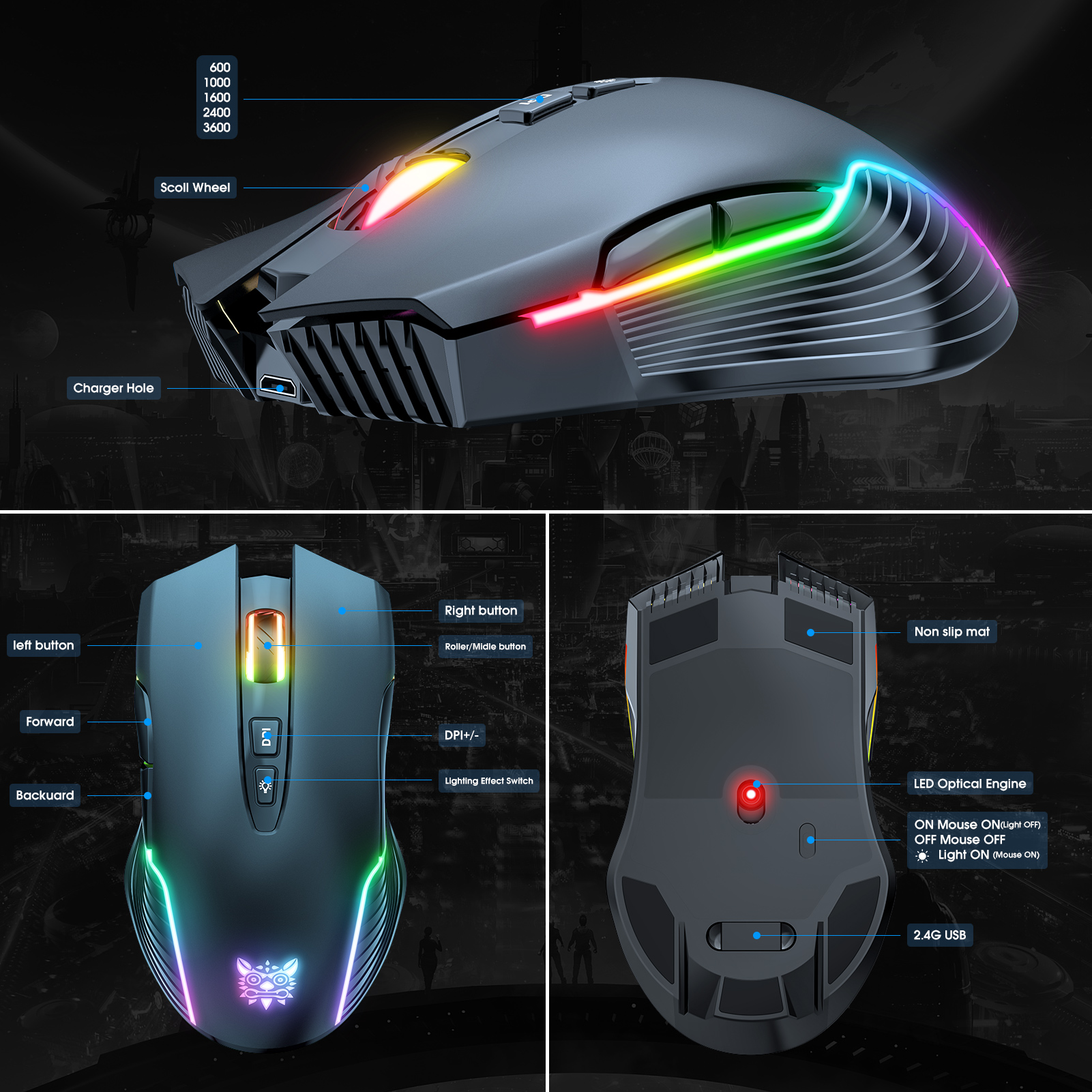 ONIKUMA CW905 2.4G Wireless Rechargeable Gaming Mouse, Black - Vibe Gaming